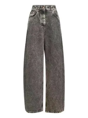 Brunello Cucinelli Prince Of Wales Denim Wide Trousers With Monili - Grey