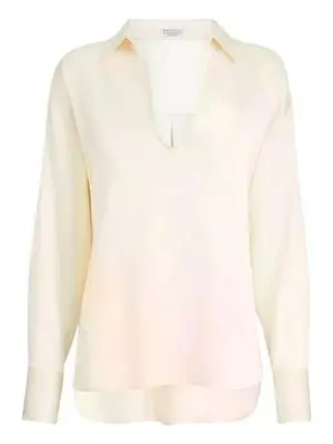 Brunello Cucinelli Silk Satin V-neck Blouse - Neutrals