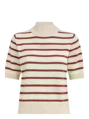 Brunello Cucinelli Virgin Wool, Cashmere, And Silk Knit T-shirt With Sparkling Stripes - Neutrals