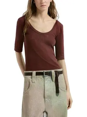 Brunello Cucinelli Brunello Cucinelli Stretch Cotton Ribbed Jersey T-Shirt With Monili Embellishment Red