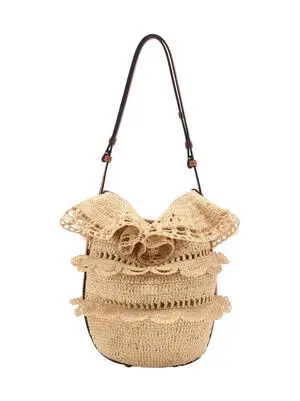 Ulla Johnson Marina Raffia Crochet Ruffle Bucket Bag - Natural