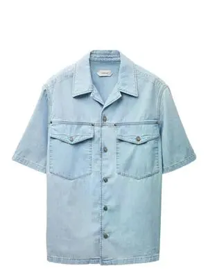 Versace Embroidered-logo Denim Cotton Shirt - Blue