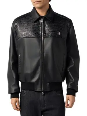 BILLIONAIRE Leather Bomber Jacket With Classic Collar And Zip Closure - Black