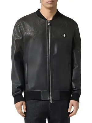BILLIONAIRE Billionaire Leather Bomber Jacket With Monogram Pattern And Applied Logo Black
