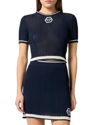 Philipp Plein Short Sleeve Cropped Knit Top - Navy