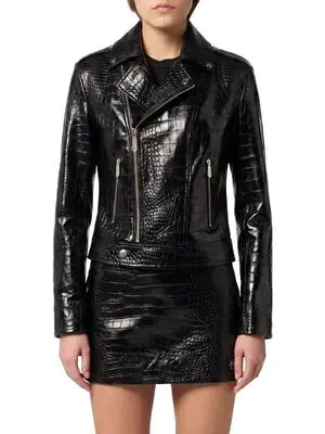 PHILIPP PLEIN Philipp Plein Black Calf Leather Crocodile Pattern Biker Jacket