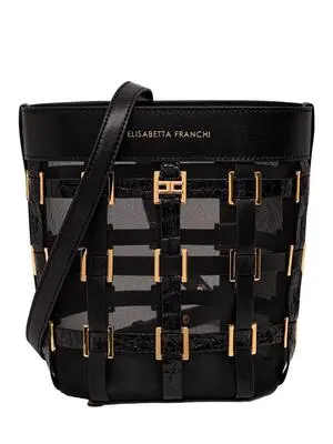 Elisabetta Franchi Mesh Bucket Bag With Embroidery And Internal Pouch - Black