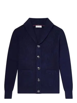 Brunello Cucinelli Shawl Collar Ribbed Cotton Cardigan - Blue