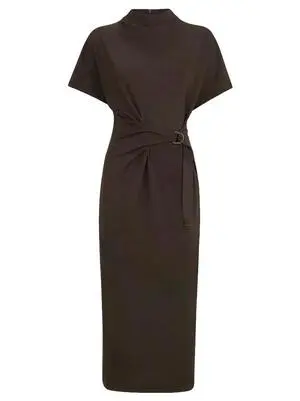 Brunello Cucinelli Techno Wool Jersey Wrap Belt Dress With Monili Embellishment - Brown