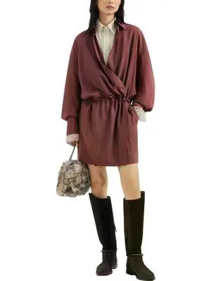 Brunello Cucinelli Virgin Wool Fluid Twill Shirt Dress With Monili - Red