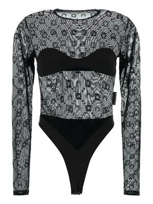 MARINE SERRE Stretch Tulle Bodysuit With Moonogram Print - Black
