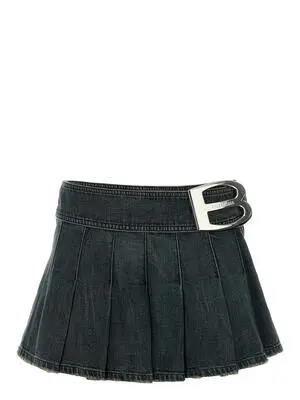 Balenciaga Pleated Denim Mini Skirt With Buckled Belt - Blue