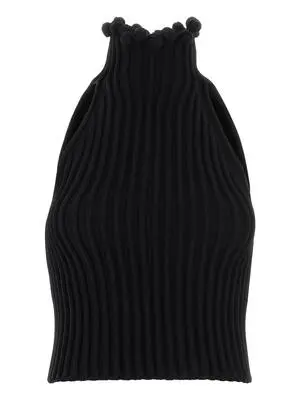Alaïa Ribbed Viscose Blend Halter Neck Top With Floral Appliques - Black