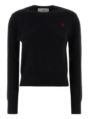 AMI Paris Pure Merino Wool Sweater With De Coeur Embroidery - Black