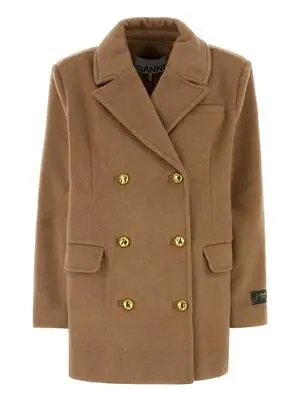 GANNI Camel Wool Blend Coat With Logo Detail - Light Brown