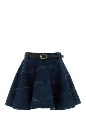 SELF-PORTRAIT Denim Mini Skirt With Detachable Leather Belt - Blue