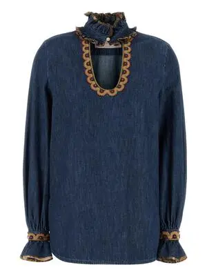 Valentino Garavani Chambray Denim Blouse With Printed Fabric Inserts - Blue
