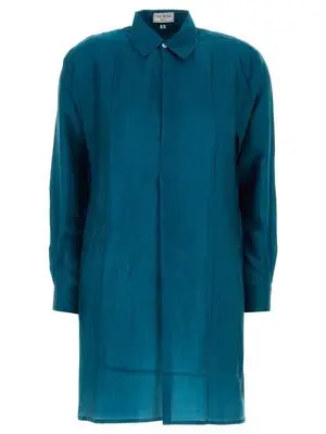THE ROSE IBIZA Pure Silk Shirt Dress With Slits - Blue
