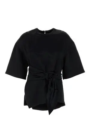 Nanushka Satin Besia T-shirt With Creased Effect And Fabric Belt - Black