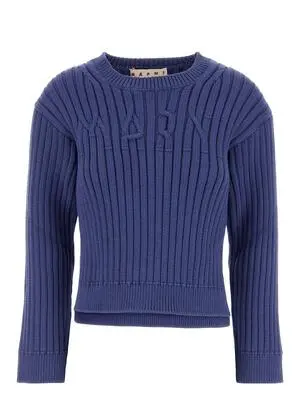 Marni Ribbed Cotton Blend Sweater With Embroidered Logo - Blue