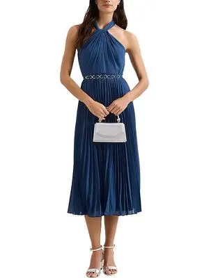 PHASE EIGHT Pleated Midi Dress With Halterneck - Indigo