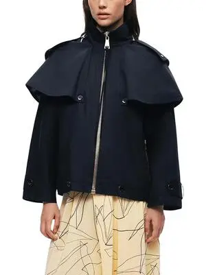 NOCTURNE Hooded Short Trench Jacket With Cape Overlay - Black