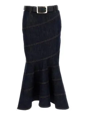 SELF-PORTRAIT Denim Mermaid Skirt With Belt - Blu