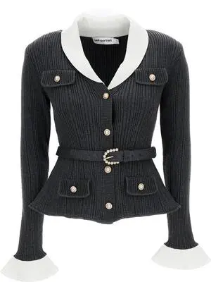 SELF-PORTRAIT Ribbed-Knit Cardigan With Contrasting Details Grigio