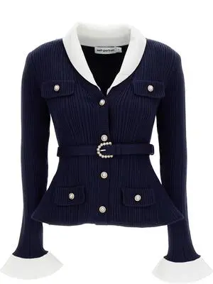 SELF-PORTRAIT Self-Portrait Rib-Knit Cardigan With Pearl Buckle Belt Blu