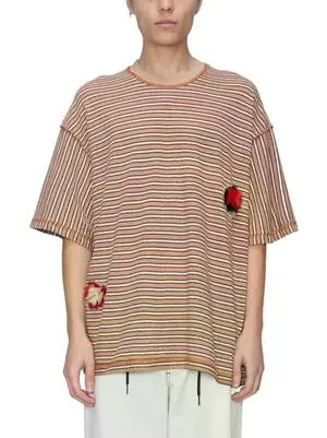 SONG FOR THE MUTE Striped Flower-patch T-shirt - Orange