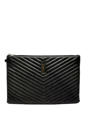 Saint Laurent Leather Monogram Document Holder Clutch - Black