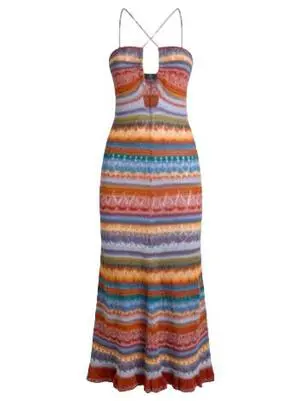 Etro Long Knit Cotton Dress With Stripes And Openwork - Multicolor