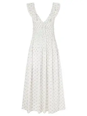 DÔEN Sorina Embroidered Floral Print Organic Cotton Midi Dress - White