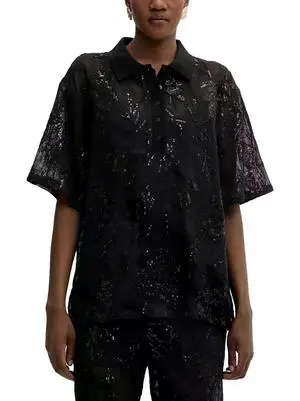 ISABELLE BLANCHE Sequin Embellished Floral Lace Polo Shirt - Black