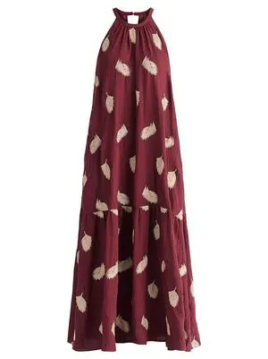 PAISIE Leaf Embroidered Halterneck Maxi Dress In Burgundy - Red