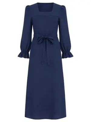 THE TUNIC SHOP Linen Maxi Dress With Square Neckline And Ruffled Cuffs - Blue