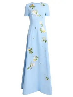 Carolina Herrera Crepe Floral Embroidered Gown - Blue