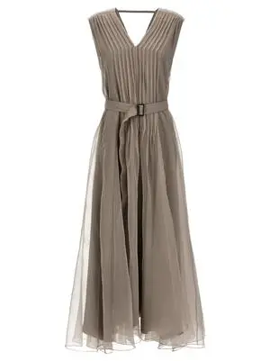 Brunello Cucinelli Pleated V-neck Silk Maxi Dress - Gray