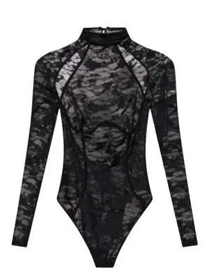 DIESEL® Lace High Neck Long Sleeve Bodysuit With Open Back - Black