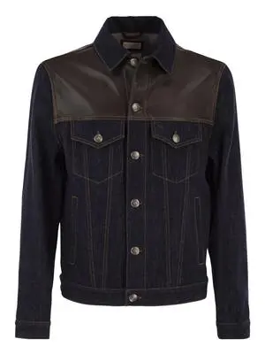 Brunello Cucinelli Long-sleeved Denim And Leather Jacket - Black