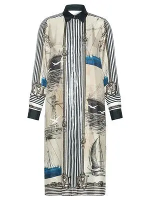 Max Mara Nautical Print Silk Midi Shirt Dress - Stone
