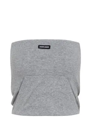 Miu Miu Heather Grey Cotton Jersey Bandeau Top With Logo Pocket - Gray