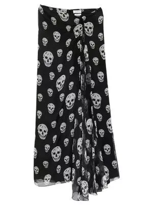 Alexander McQueen Skull Print Draped Maxi Skirt - Black