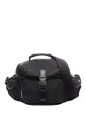 Prada Leather Trimmed Enamel Triangle Logo Camera Bag - Black