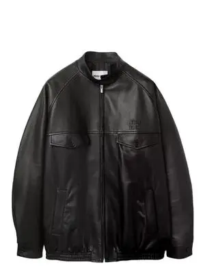 Miu Miu Nappa Leather Stand Collar Zip-up Jacket - Black