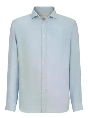 Brunello Cucinelli Cotton And Cashmere Denim-effect Diagonal Shirt With Spread Collar - Blue