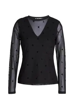 Karl Lagerfeld Mesh Crewneck Long Sleeve Top - Black