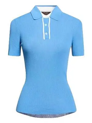 MOORER Viscose Cotton Ribbed Knit Polo Shirt - Blue