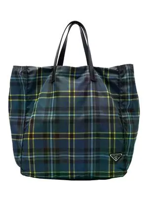 Prada Tessuto Stampato Plaid Tote Bag - Blue