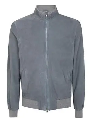 BARBA NAPOLI Leather Jacket With Stand Collar - Gray